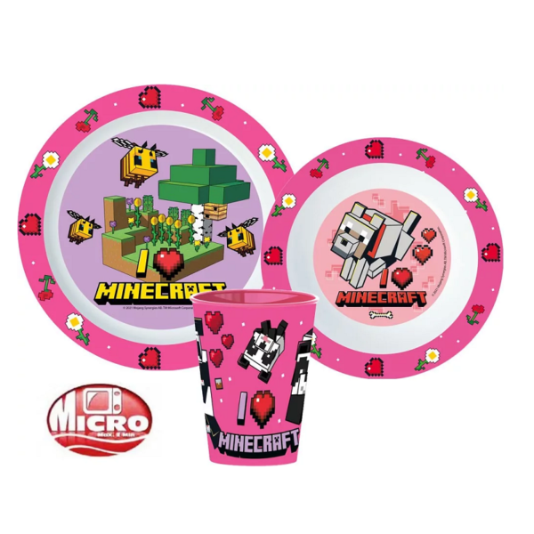 Minecraft Dinner Kids Minecraft 3 Piece Plate, Bowl & Cup Set Pink ...